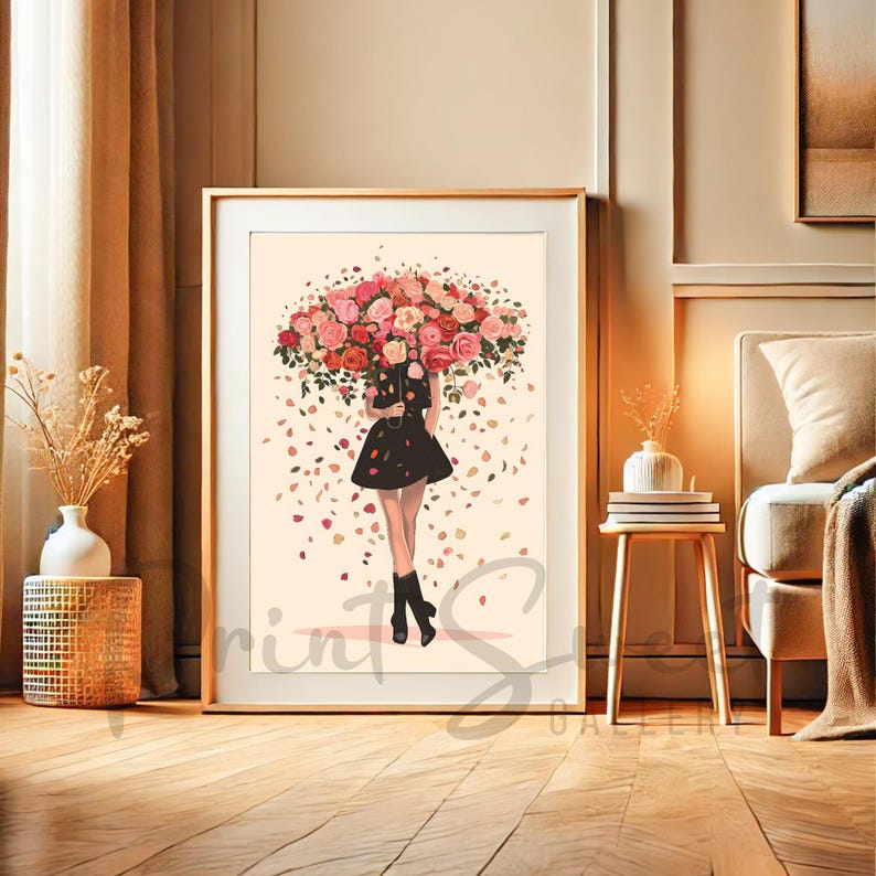 Girl With Floral Umbrella Art,summer Floral Girl Illustration,colorful ...