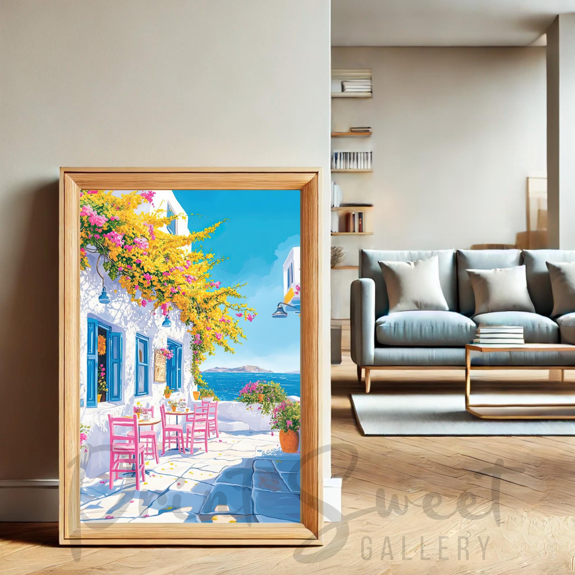 Greek Art Illustration: an Outdoor Cafe in Greece With Pink Tables and ...