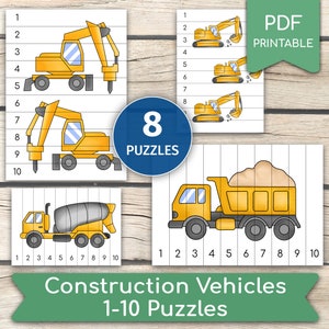 Construction Vehicle Number Puzzles: Kids Learning Activity (PDF ...
