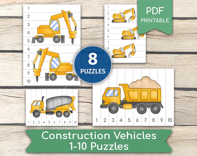 Construction Vehicle Number Puzzles: Kids Learning Activity (PDF ...