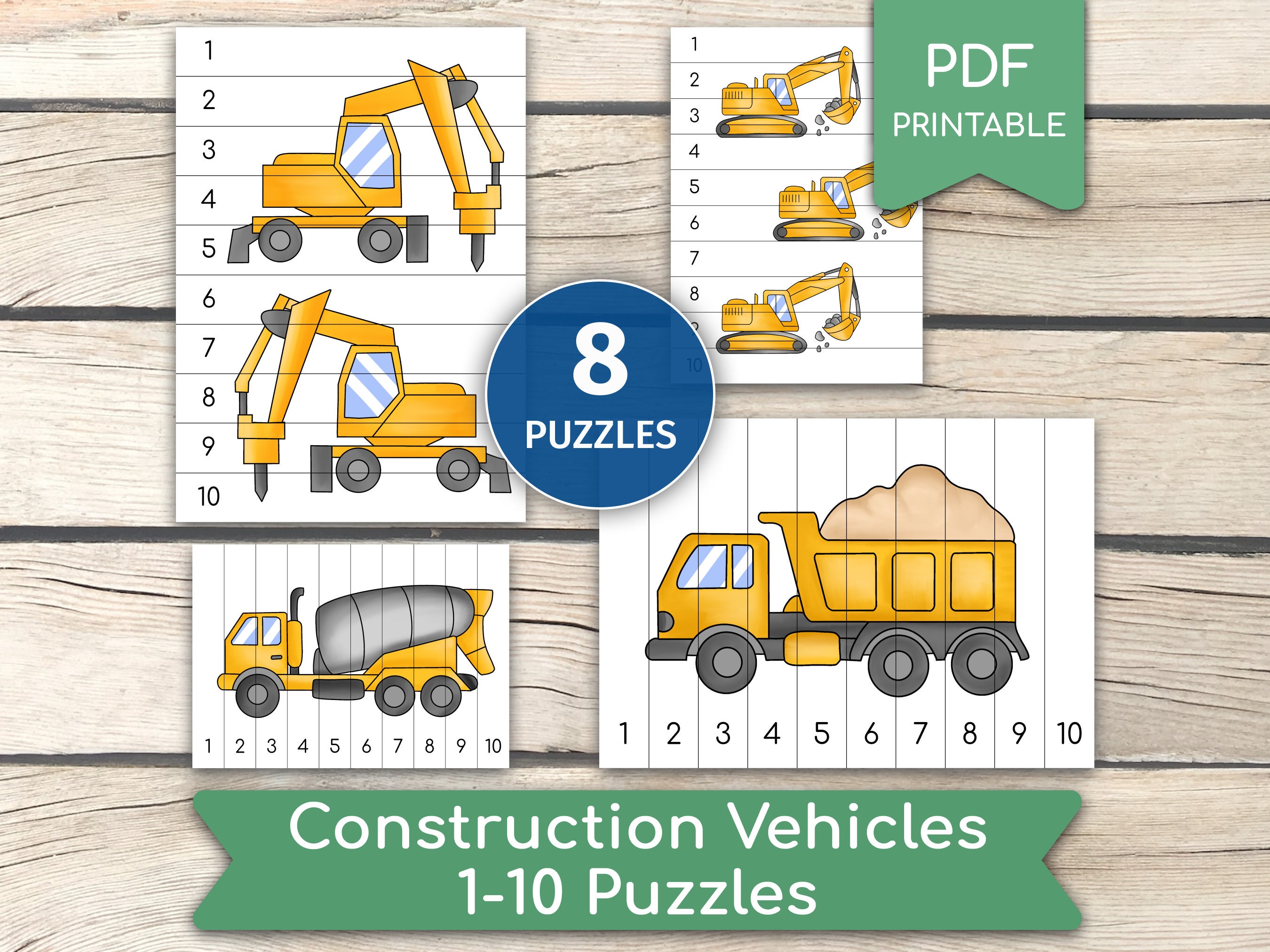 Construction Vehicle Number Puzzles: Kids Learning Activity (PDF ...