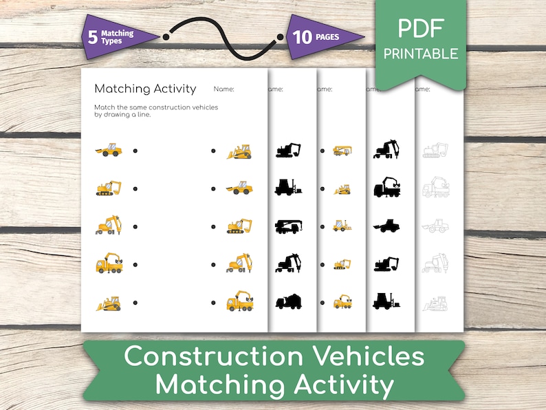 Construction Vehicles Matching Activity 5 Different Types Worksheet ...