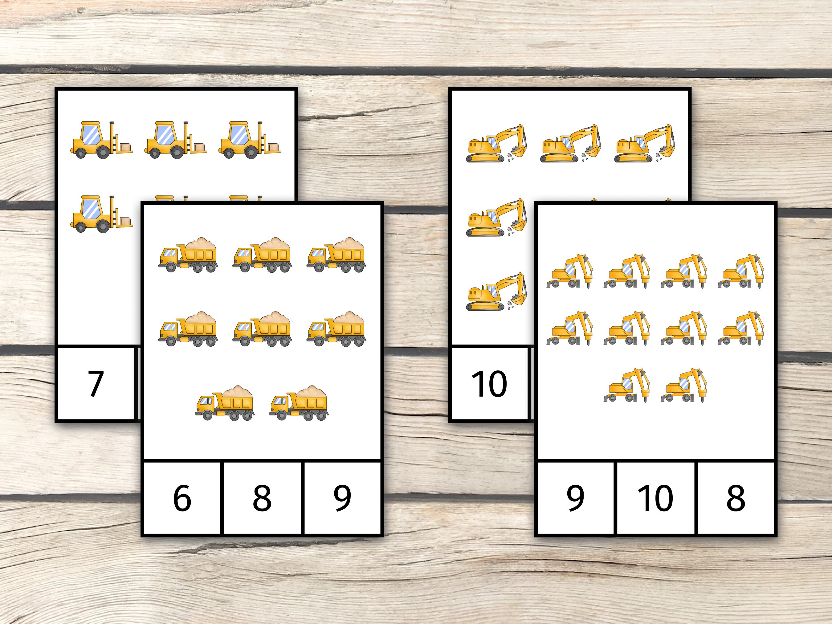 Counting Construction Vehicles 1 to 10 Montessori Cards Preschool ...