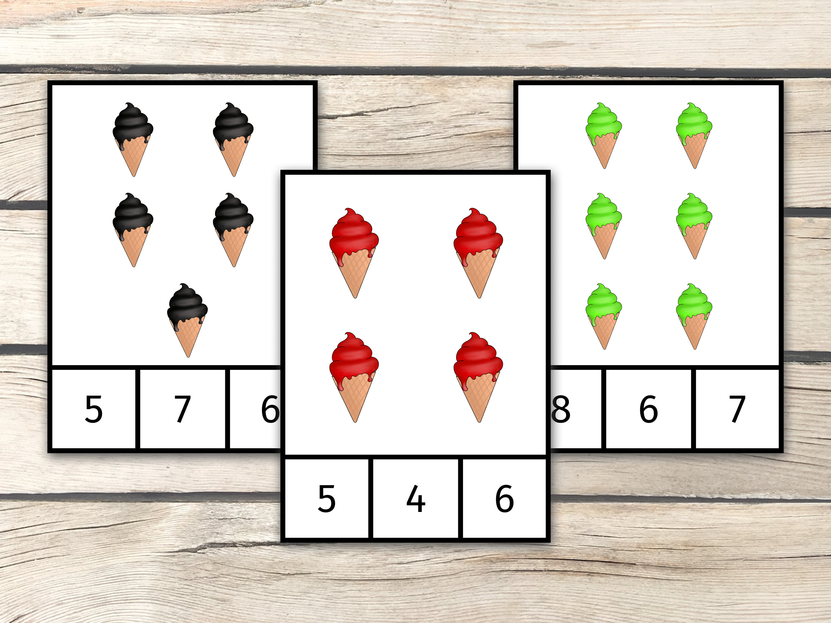 Counting Ice Cream 1 to 10 Montessori Cards Preschool Counting Activity ...