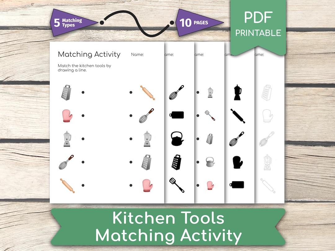 Kitchen Tools Matching Activity 5 Different Types Worksheet • 10 Pages ...