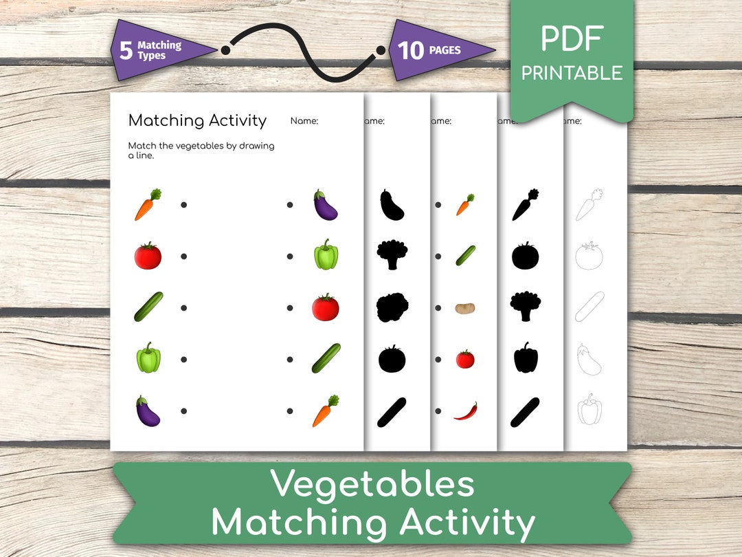 Vegetables Matching Activity 5 Different Types Worksheet • 10 Pages ...