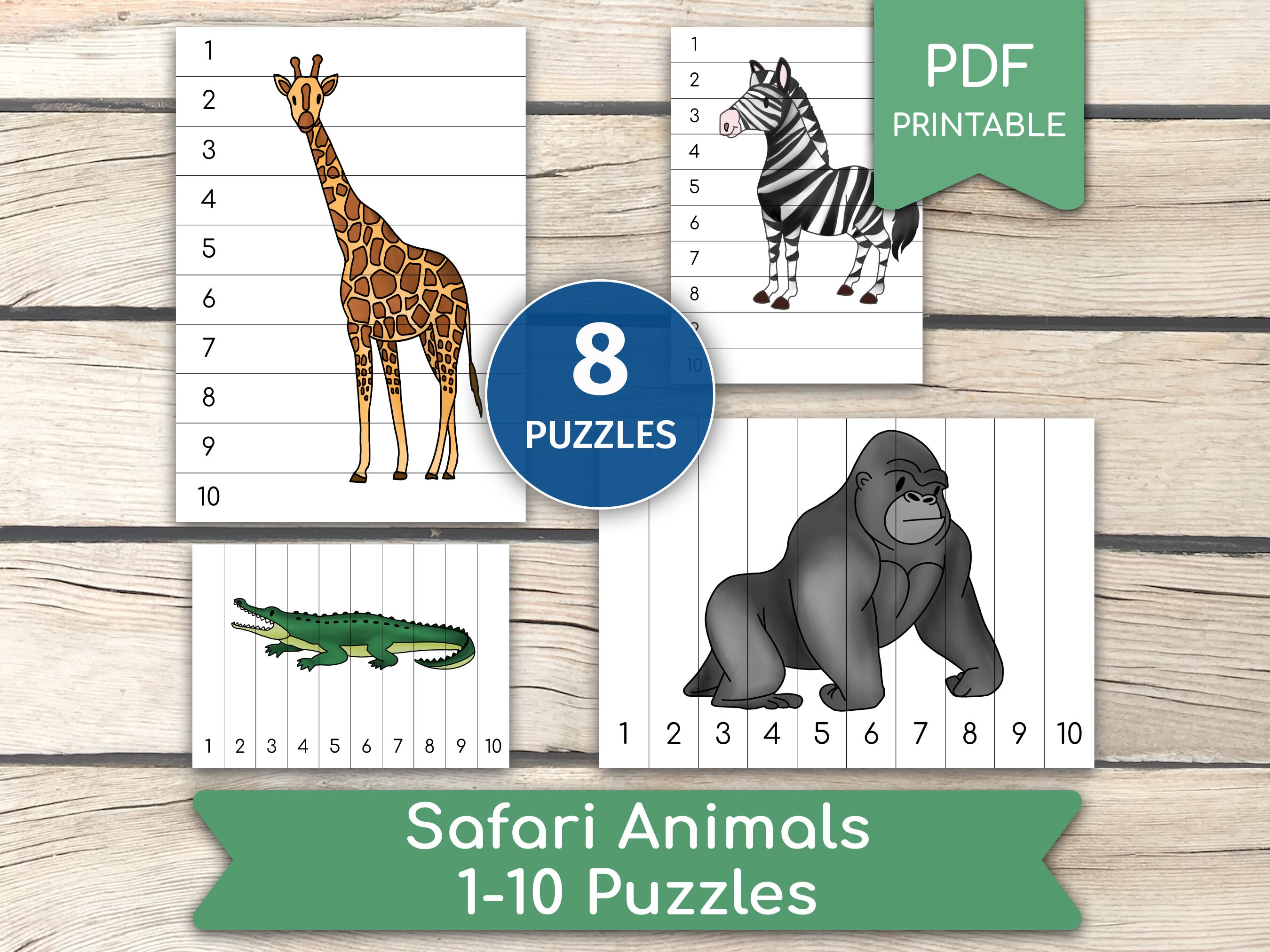 Safari Animals Number Puzzles: Toddler Learning Activity (PDF ...