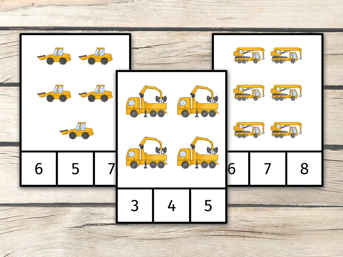 Counting Construction Vehicles 1 to 10 Montessori Cards Preschool ...