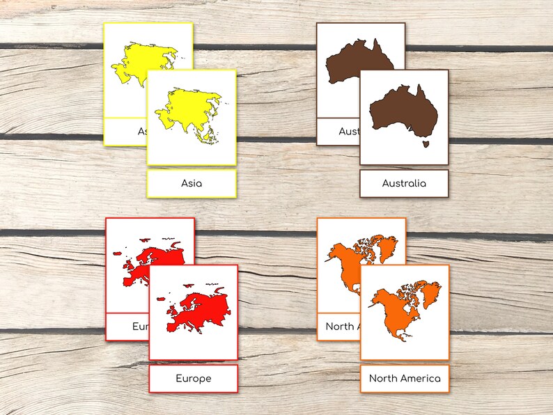 Continents Montessori Cards, Continents Cards, 3-part Cards ...