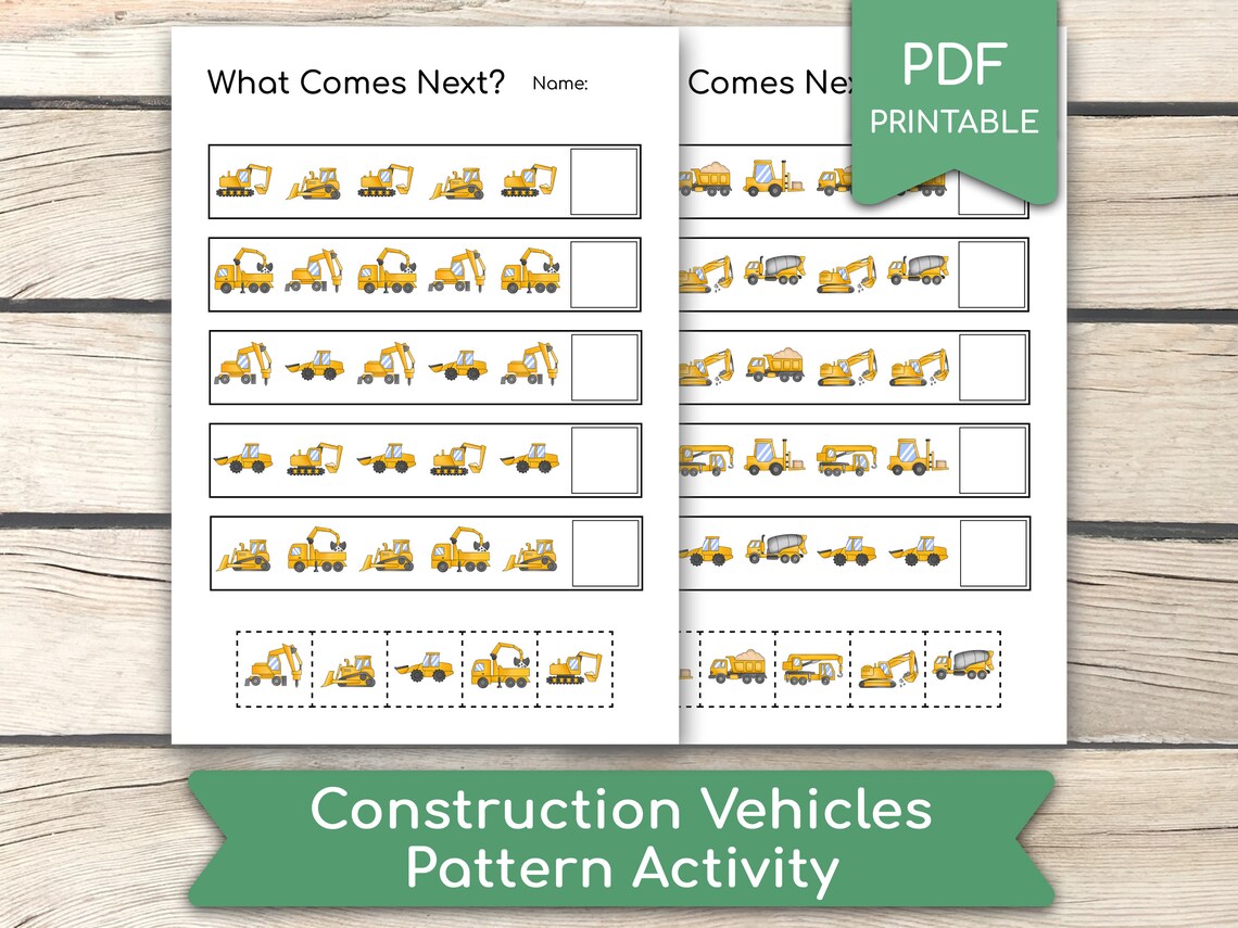 Construction Vehicle Pattern Worksheet: Preschool Learning (PDF ...