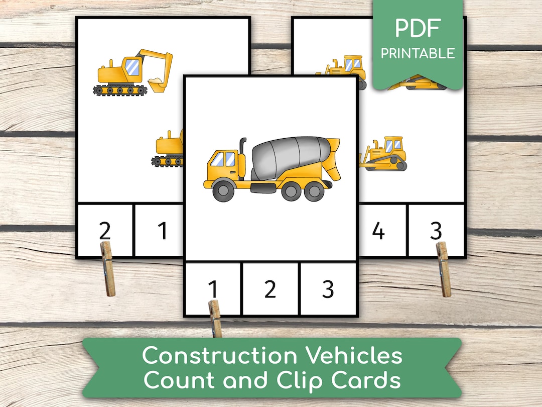 Counting Construction Vehicles 1 to 10 Montessori Cards Preschool ...