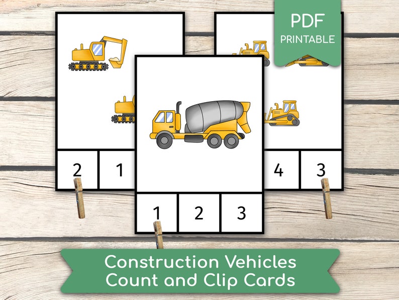 Counting Construction Vehicles 1 to 10 Montessori Cards Preschool ...