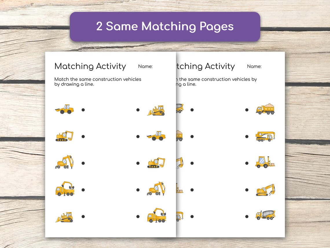 Construction Vehicles Matching Activity 5 Different Types Worksheet ...