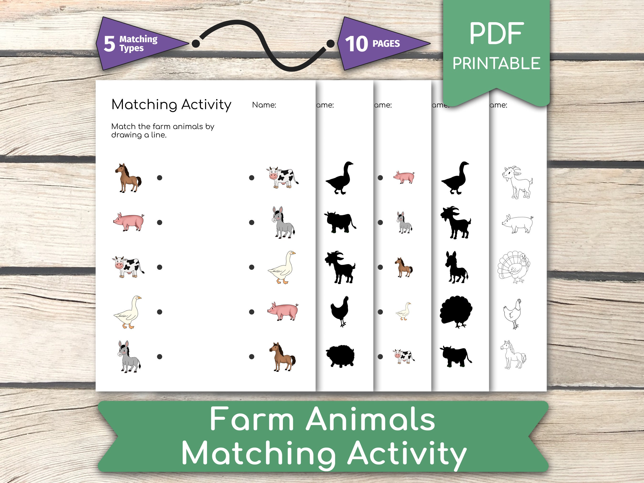 Farm Animals Matching Activity 5 Different Types Worksheet • 10 Pages ...