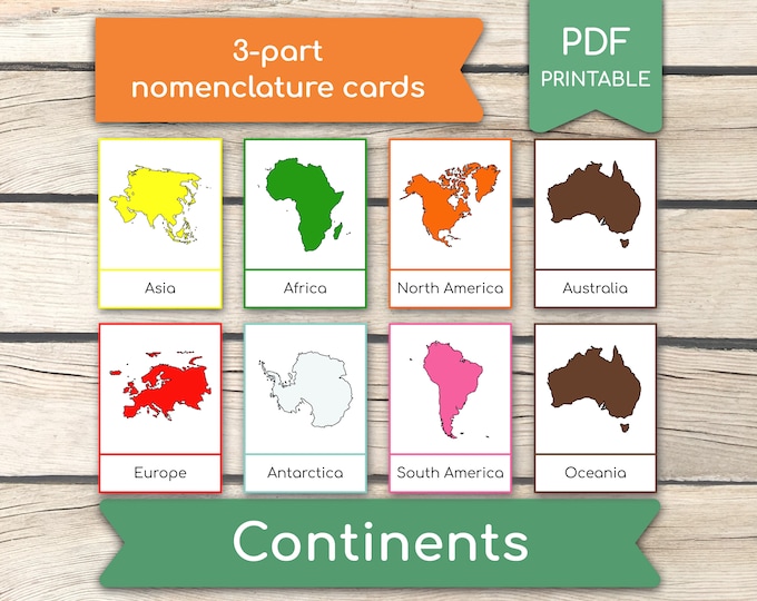 Continents Montessori Cards, Continents Cards, 3-part Cards ...