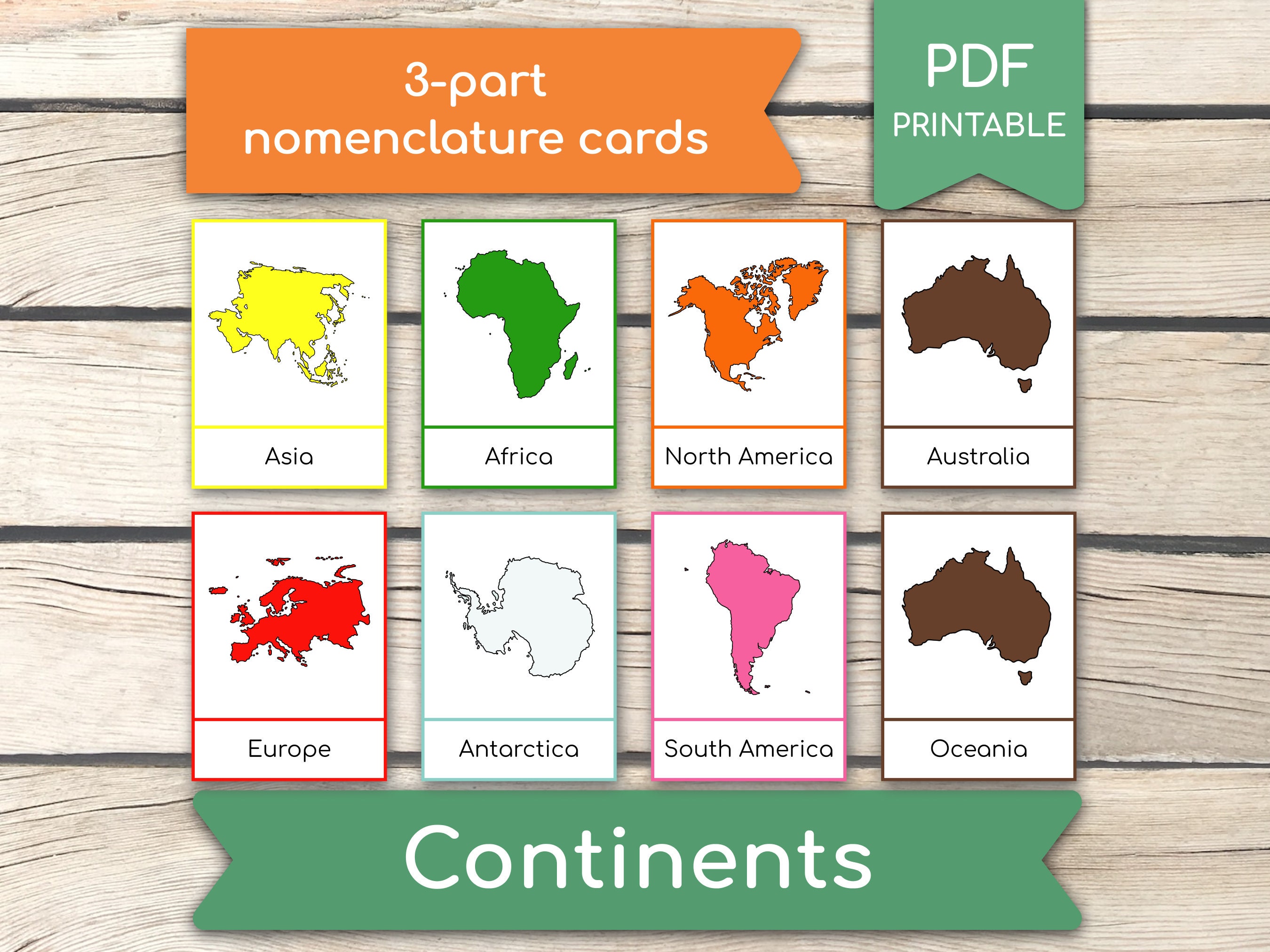 Continents Montessori Cards, Continents Cards, 3-part Cards ...