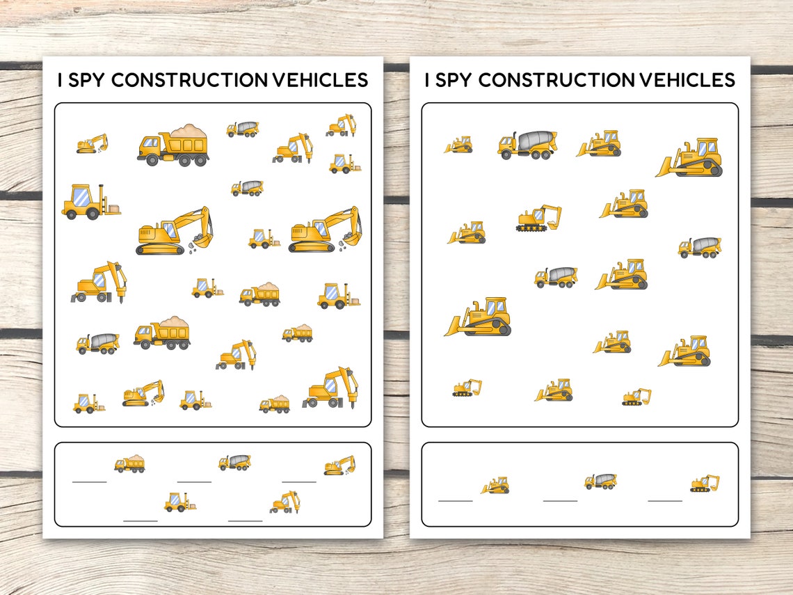 Construction Vehicles I Spy Worksheet, I Spy Activity, Educational ...