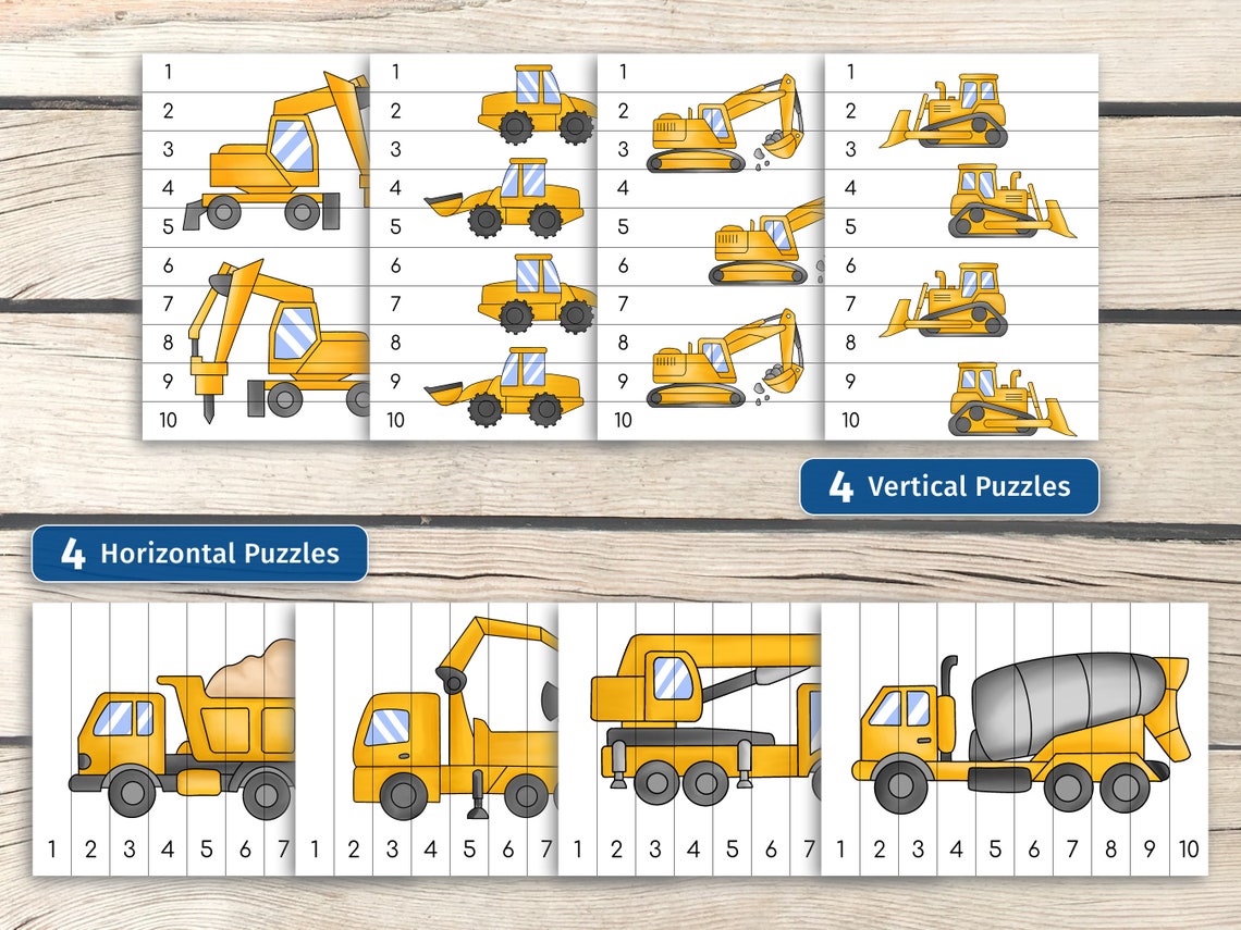 Construction Vehicle Number Puzzles: Kids Learning Activity (PDF ...