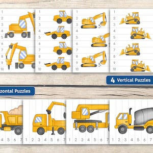 Construction Vehicle Number Puzzles: Kids Learning Activity (PDF ...