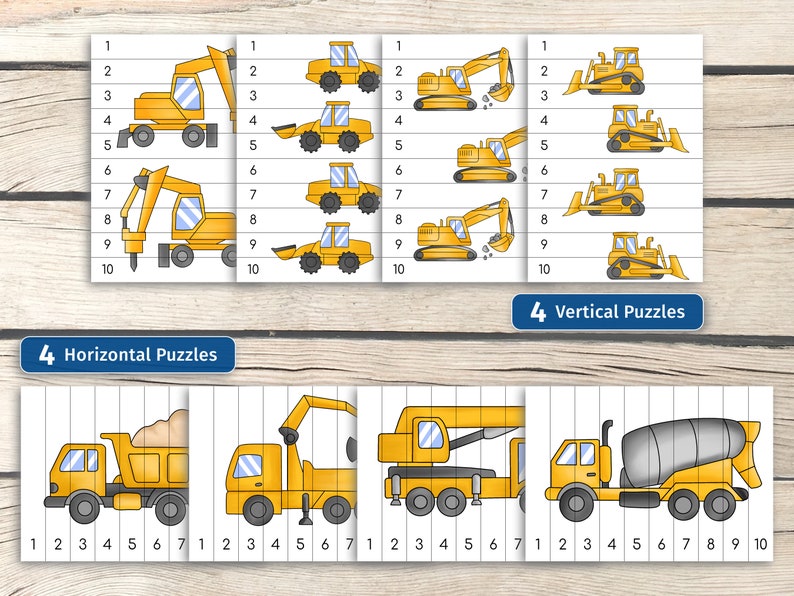 Construction Vehicle Number Puzzles: Kids Learning Activity (PDF ...