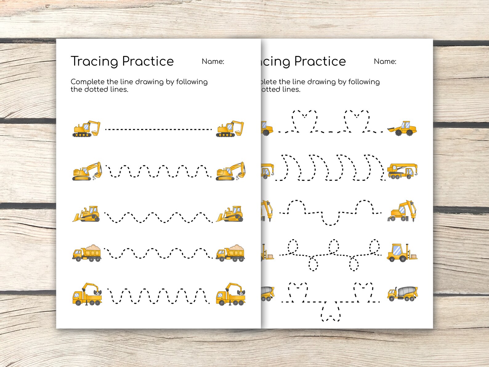 Construction Vehicles Line Tracing Practice: Preschool Learning (PDF ...