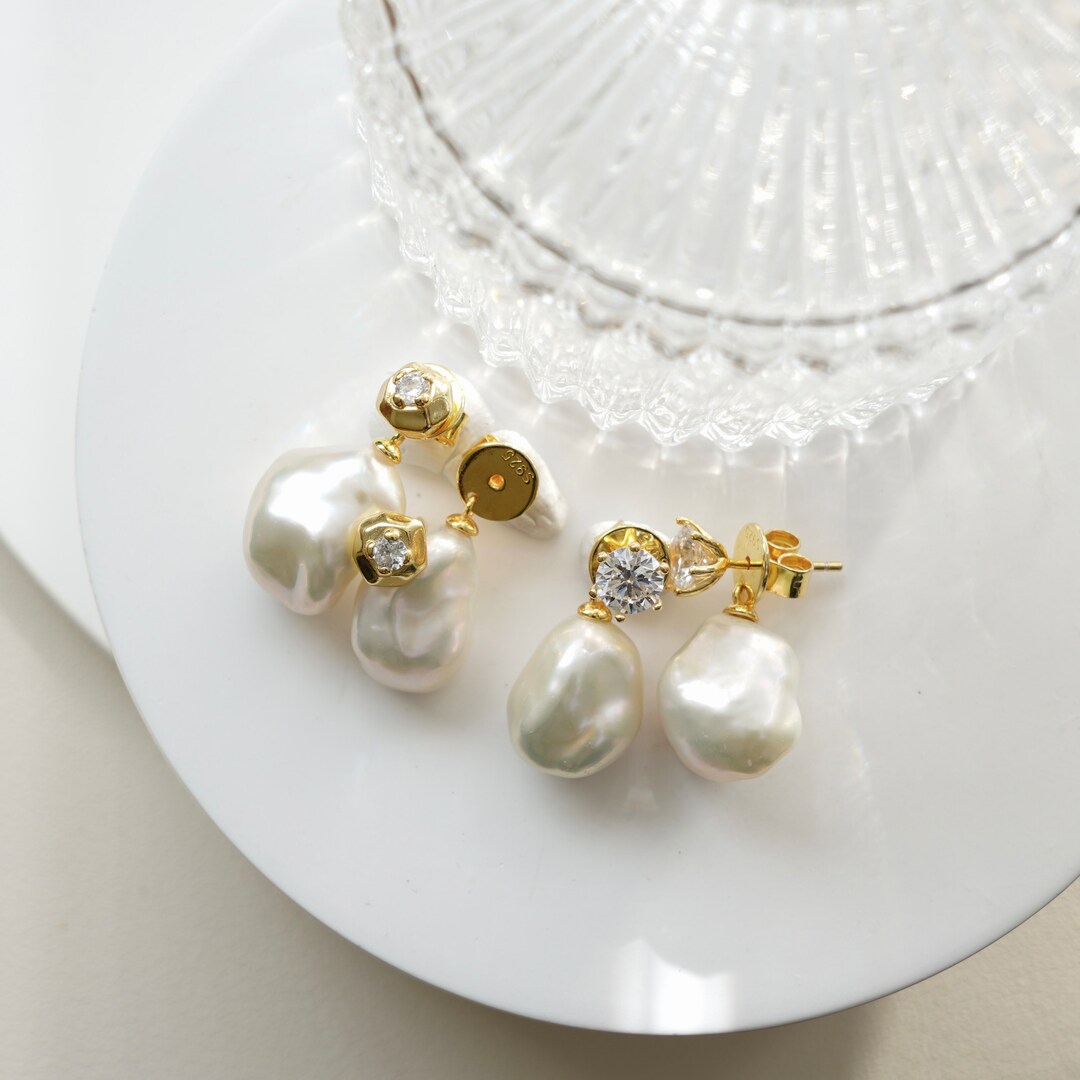 Baroque Pearl Ear Jacket: 18K Gold Sterling Silver CZ Studs - Etsy