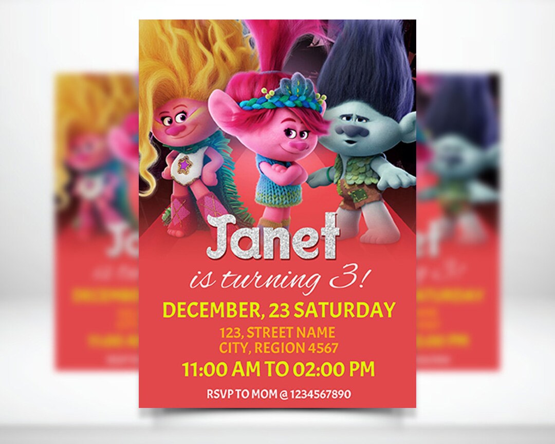 Trolls Band Together Invitation for Birthday Trolls Invitations Themed ...