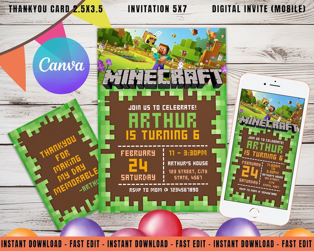 Editable Minecraft Birthday Invitation, Minecrafter Birthday ...