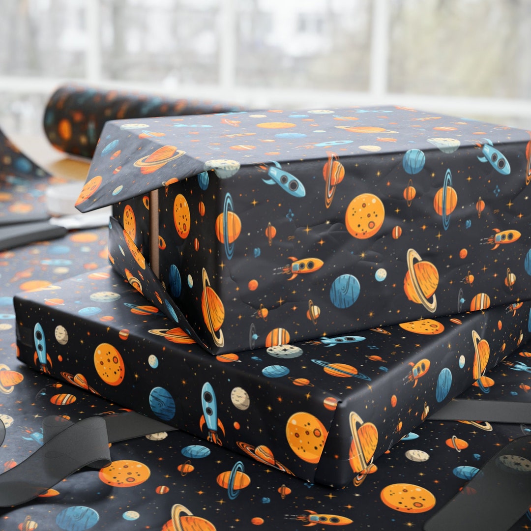 Rocket Ships Planets and Stars Space Themed Birthday Gift Wrap Galaxy ...
