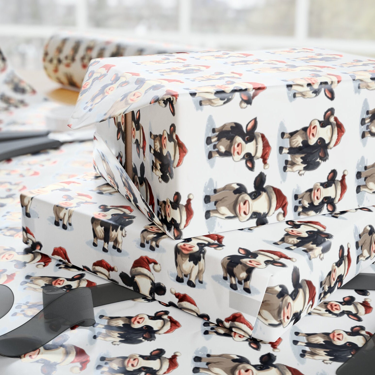 Xmas Cow Wrapping Paper Black and White Dairy Cows Wearing Christmas ...