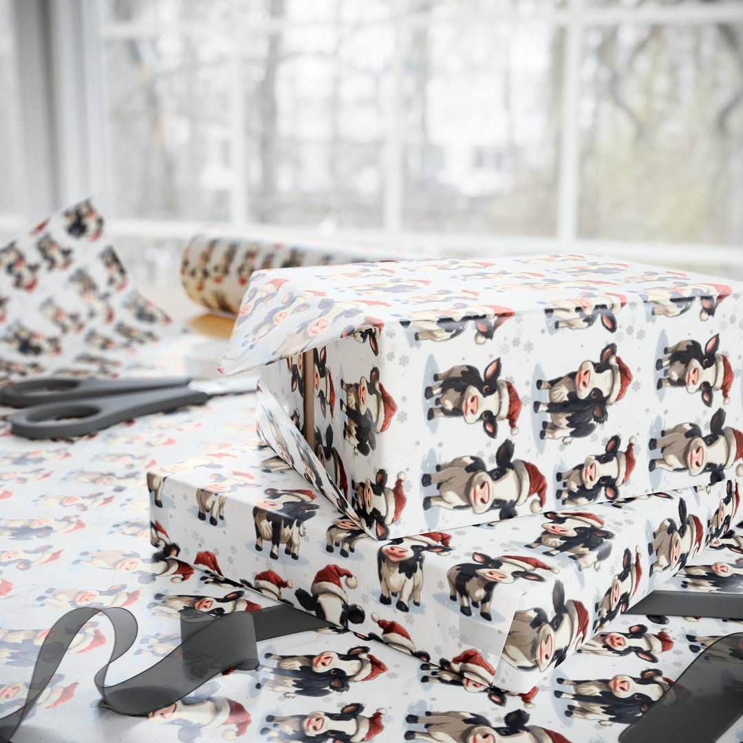 Xmas Cow Wrapping Paper Black and White Dairy Cows Wearing Christmas ...
