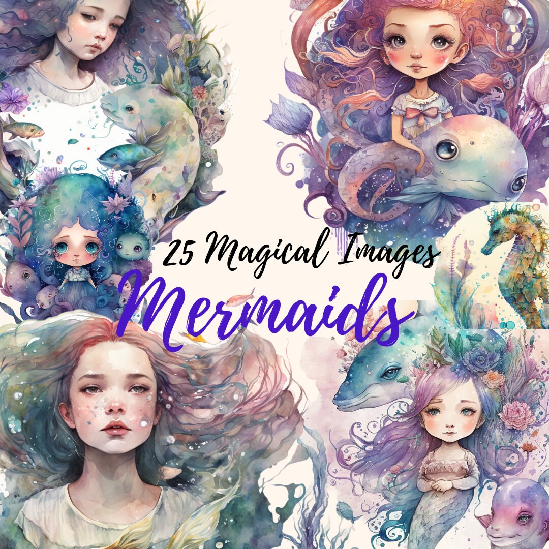 25 Mermaids Watercolor Clipart, Magical Illustrations, Cute Storybook ...