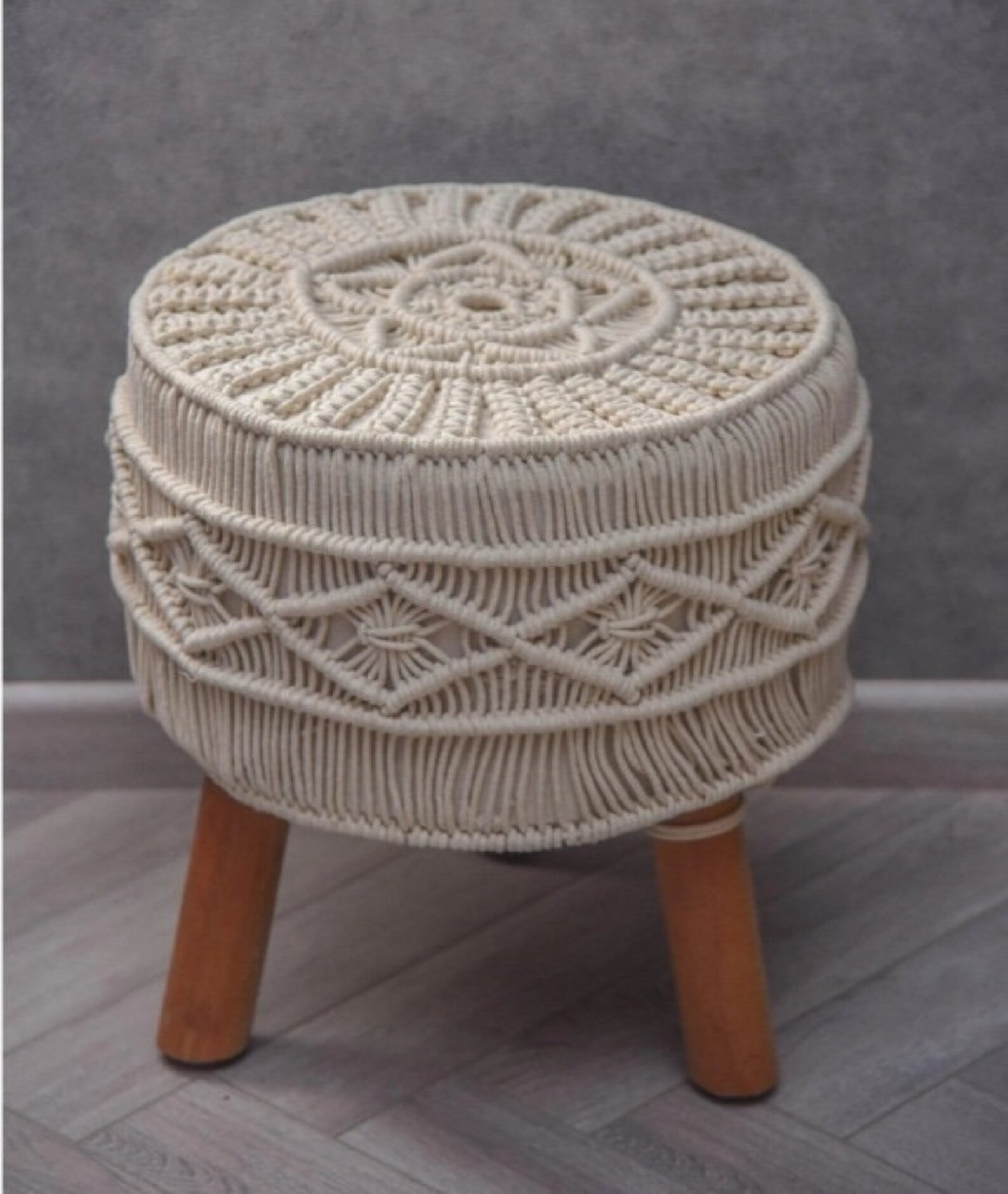 White Macrame Stool, Round Macrame Stool, Mango Leg Macrame Stool ...