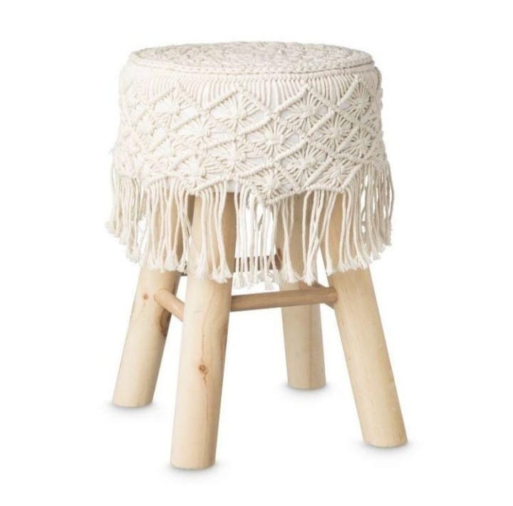 White Macrame Stool, Round Macrame Stool, Mango Leg Macrame Stool ...