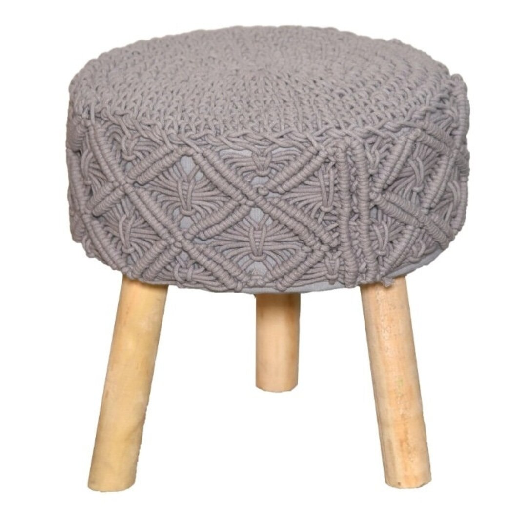 Grey Macrame Round Stool, Round Stool Macrame, Mango Leg Macrame Stool ...