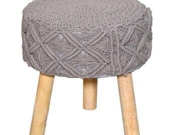 White Macrame Stool, Round Macrame Stool, Mango Leg Macrame Stool ...