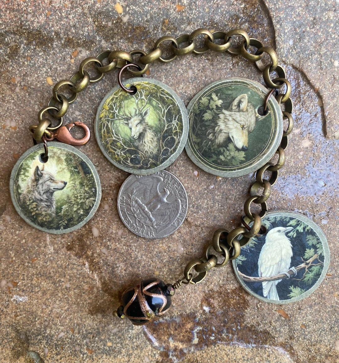 Woodland Scrapbook Charm, Bookcover Dangle, Wolf, Stag, Deer, Raven ...