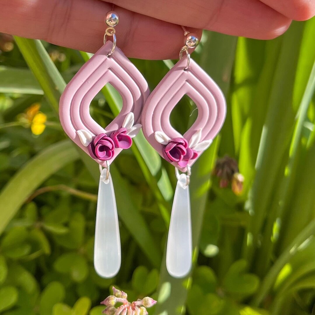 Elegant Dangle Earrings Floral Dangle Earrings Statement Earrings Pink ...