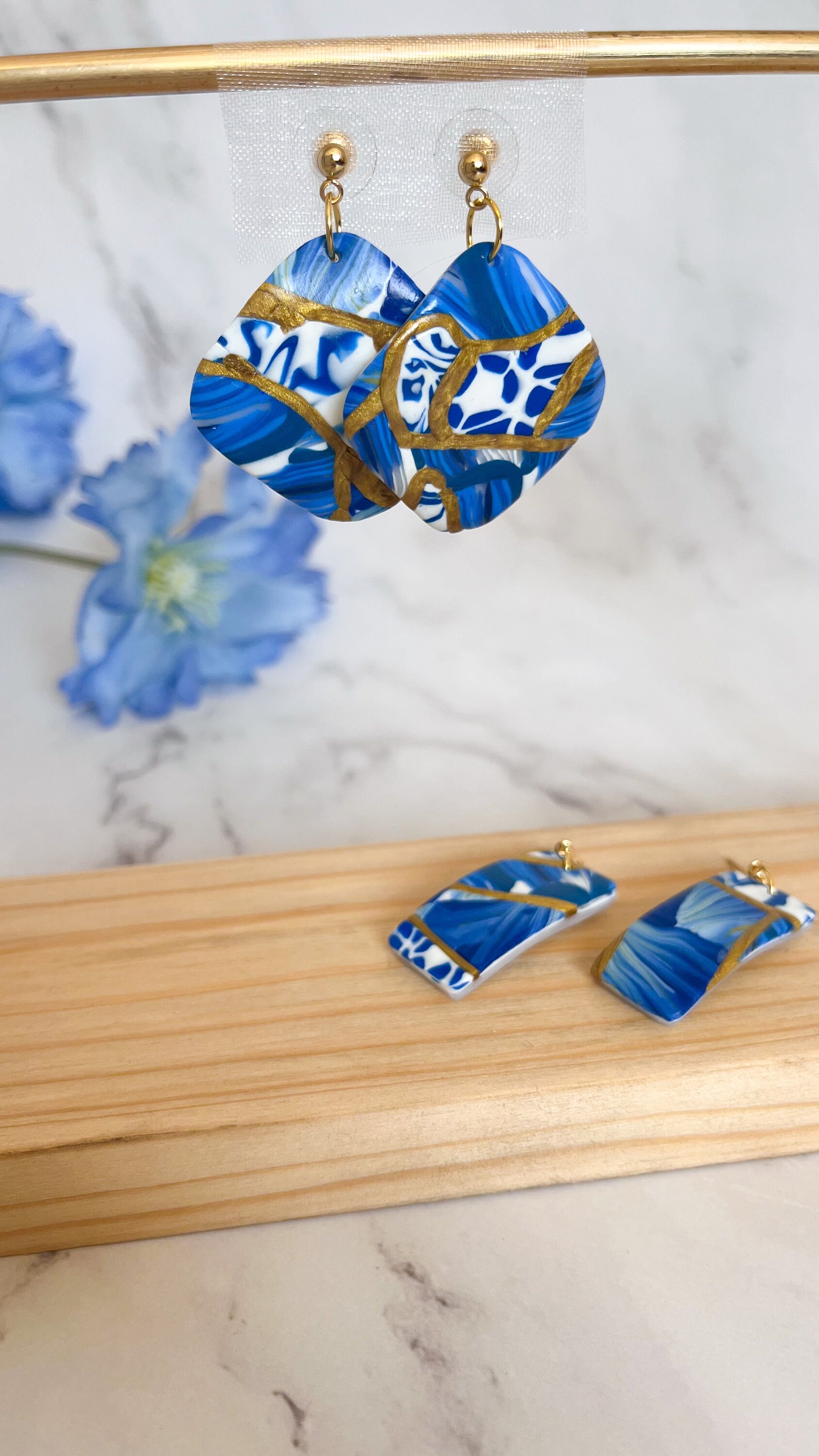Santorini Kintsugi Earring Collection Blue, White and Gold Faux Ceramic ...