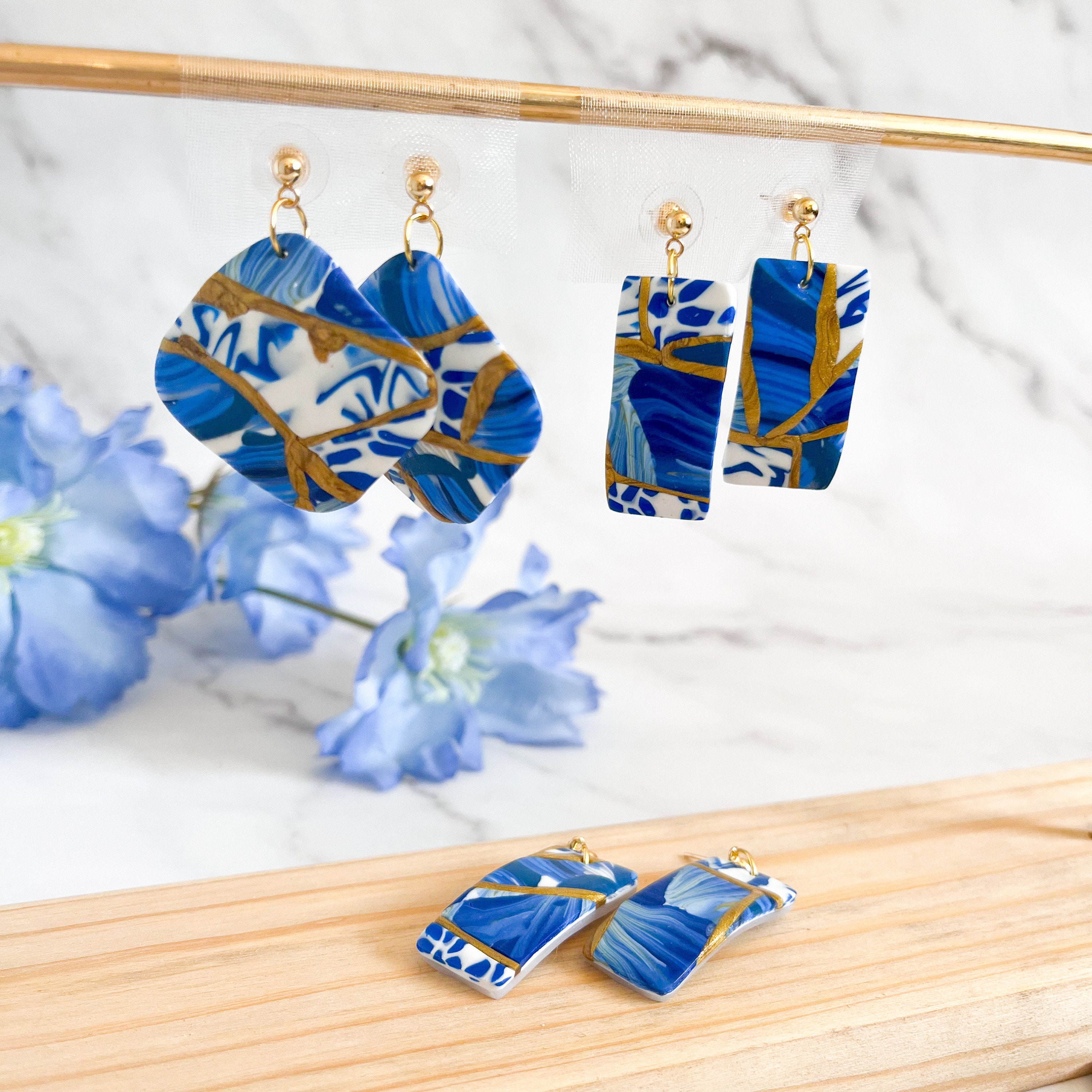 Santorini Kintsugi Earring Collection Blue, White and Gold Faux Ceramic ...