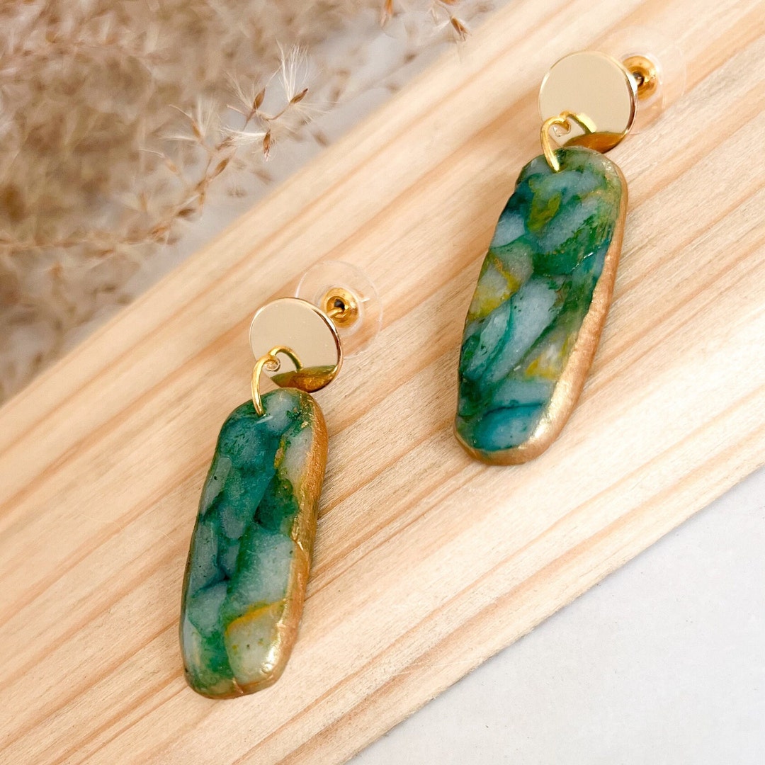 Green and Gold Earrings Faux Stone Earrings Light Polymer Clay Emerald ...