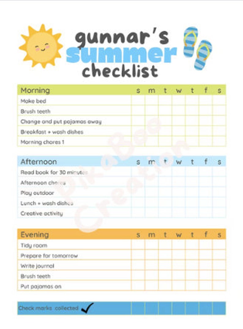 Customizable Printable Summer Checklist, Routine Checkist for Children ...