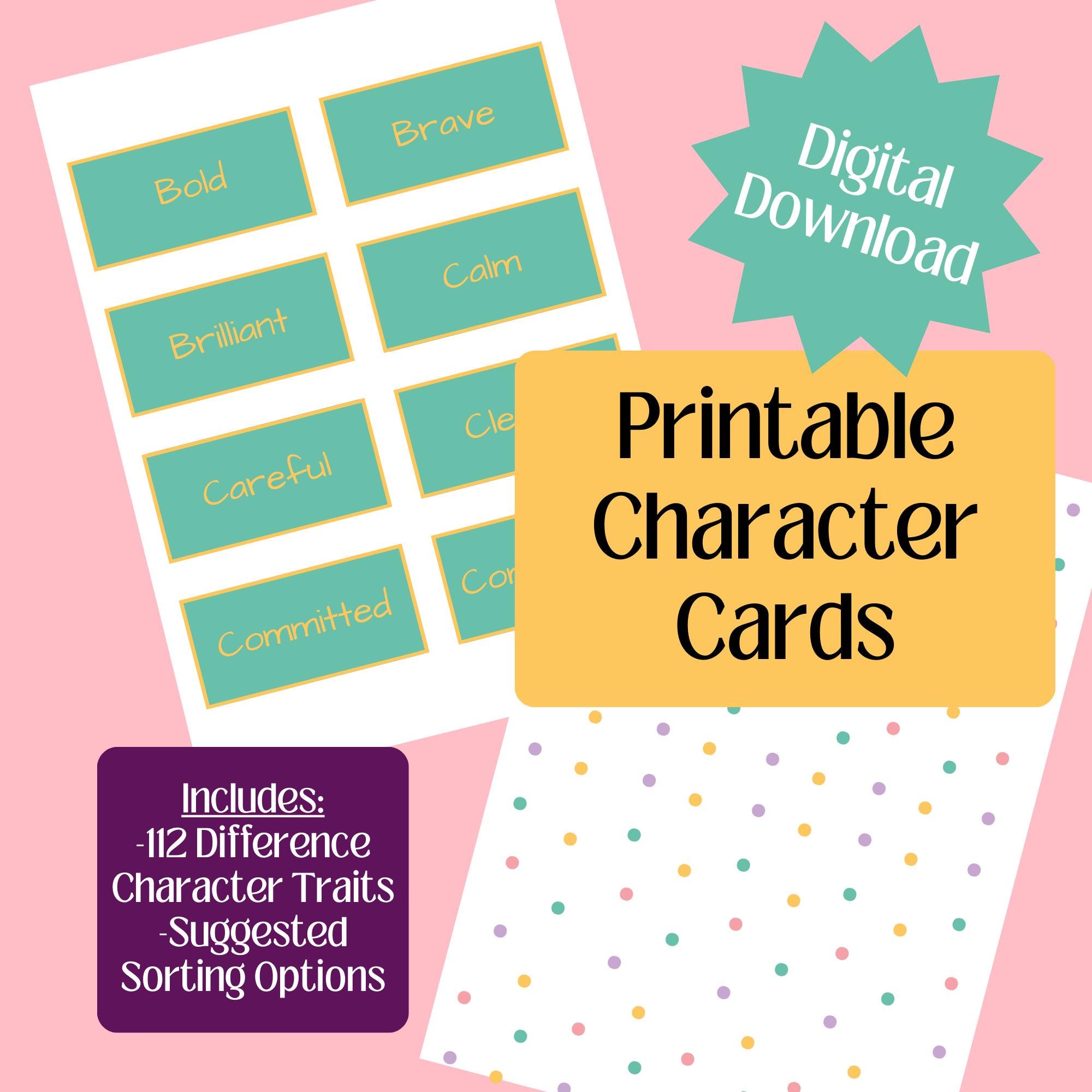 Printable Character Cards for Kids 112 Characteristics and Values Sort ...
