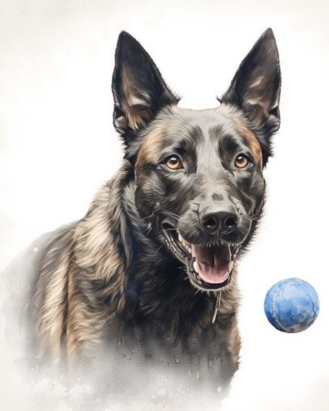 Dutch Shepherd Art Print: Brindle Dog With Blue Ball (digital Download ...