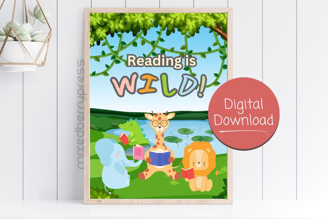 Reading is Wild Cute Animals Poster Giraffe Lion Alligator Elephant ...