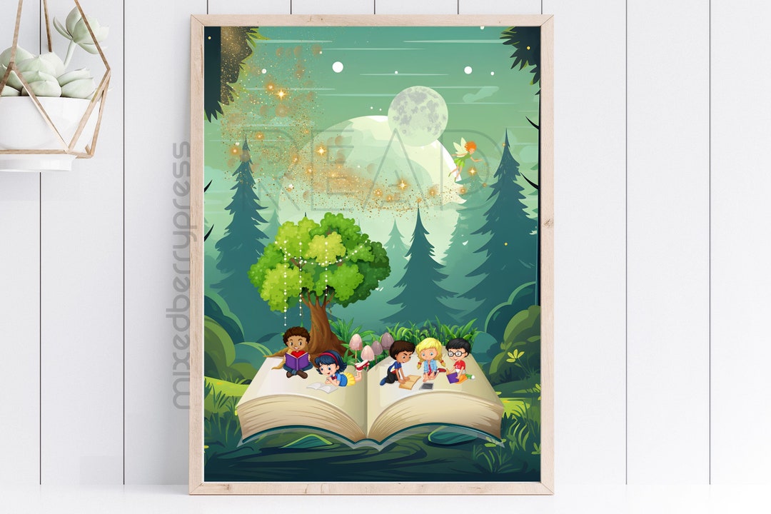 READ Fantasy Children Poster Kids Reading in Forest Picture Trees Fairy ...