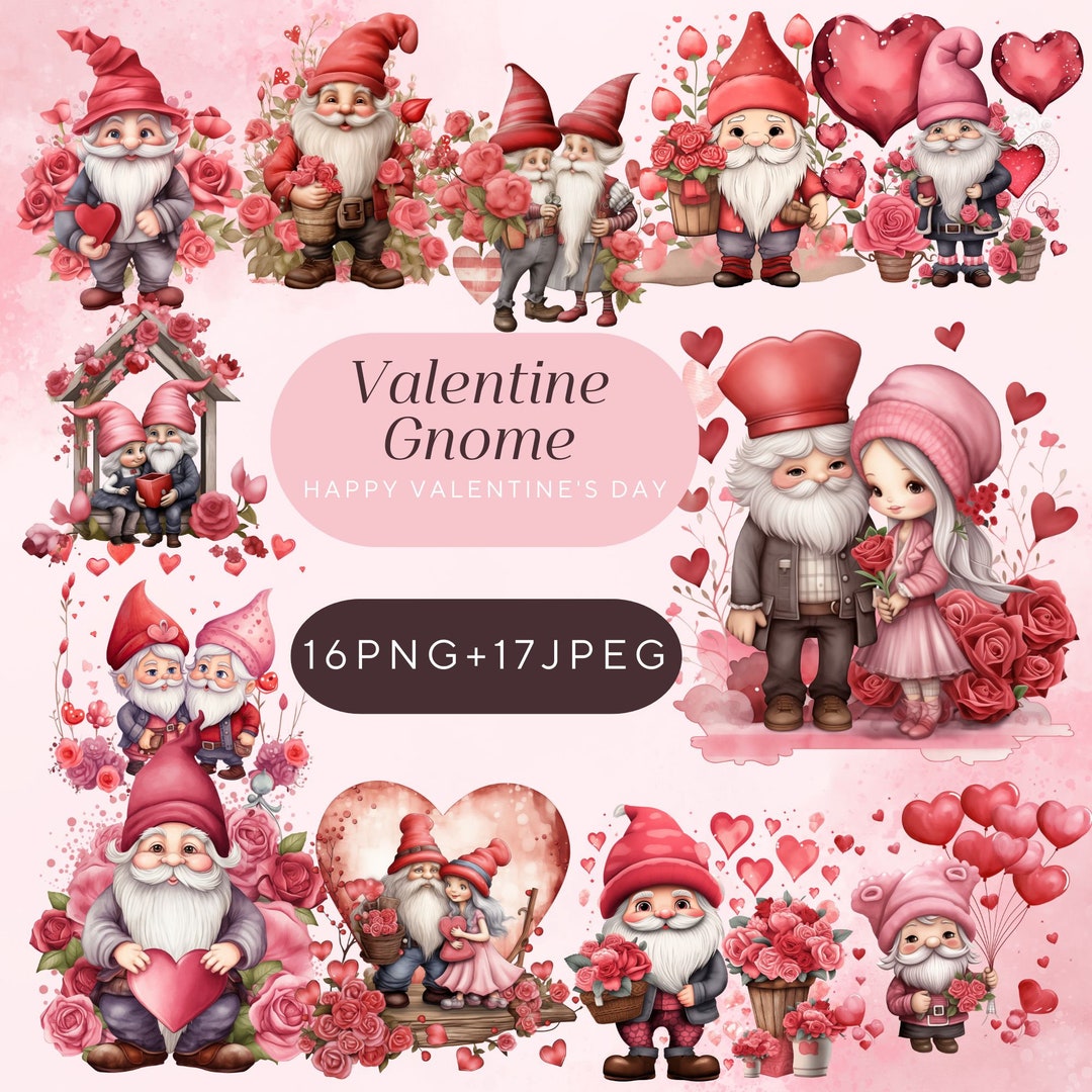 Valentine Gnome Clipart, Commercial Use, Watercolor Valentine Gnomes ...