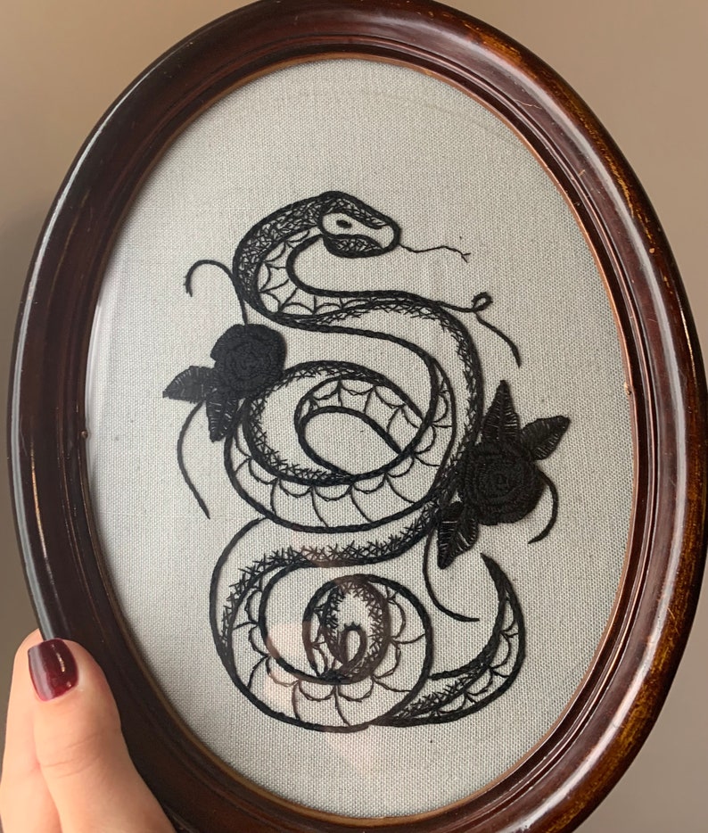 Hand Embroidered Snake With Flowers. Framed in a Thrifted Wooden Oval ...
