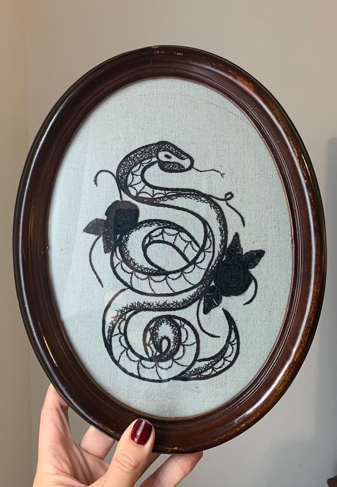 Hand Embroidered Snake With Flowers. Framed in a Thrifted Wooden Oval ...