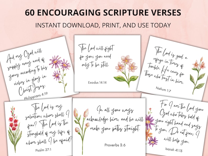 60 Encouraging Verse Cards, Printable Scripture Cards, Bible Memory ...